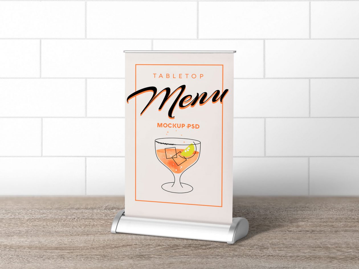 Free Retractable Tabletop Menu Mockup PSD - Designbolts