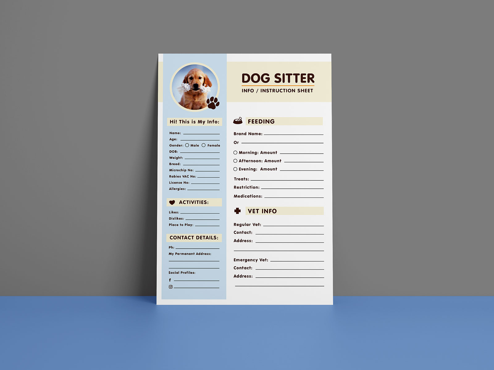 Free Dog Sitter Instruction Information Sheet Design Template 