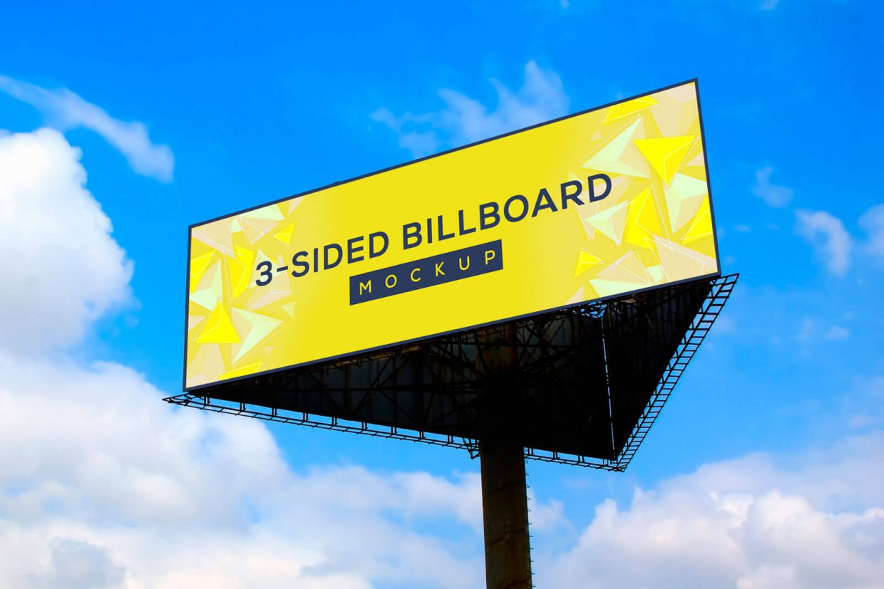 Free Triangle / 3-Sided Unipole Billboard Mockup PSD - Designbolts