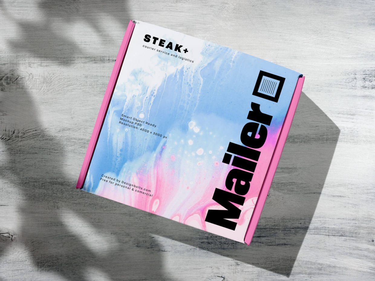 Free Shadow Mailer Box Mockup PSD - Designbolts