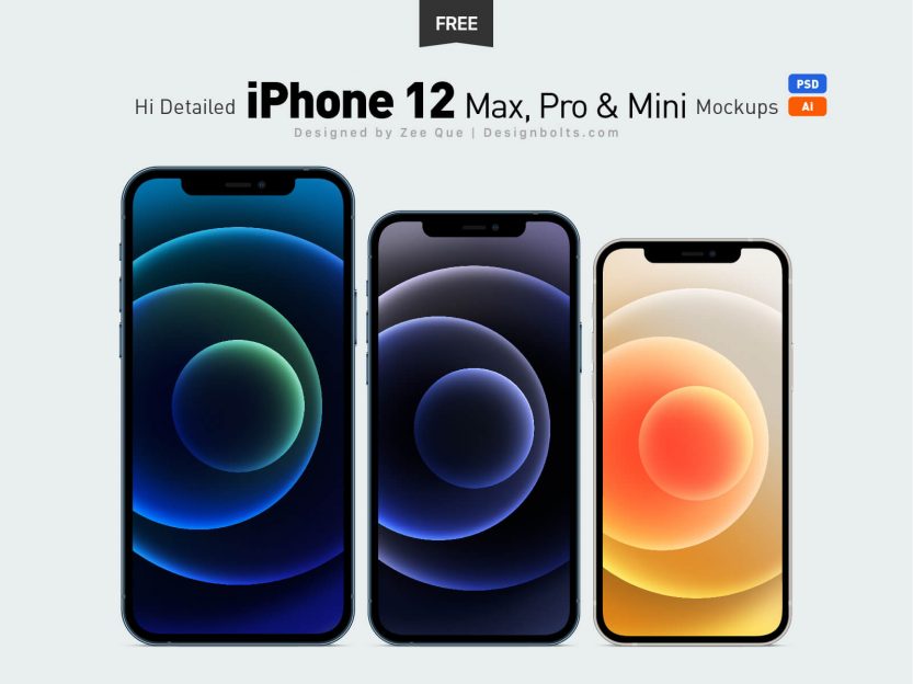 Free iPhone 12, iPhone 12 Pro & Max Ai & Mockup PSD Set - Designbolts