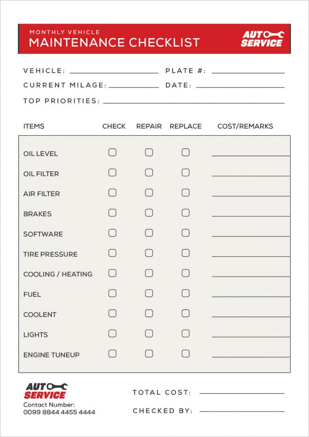 Free Car Service Monthly Maintenance Checklist Template Ai & PDF ...