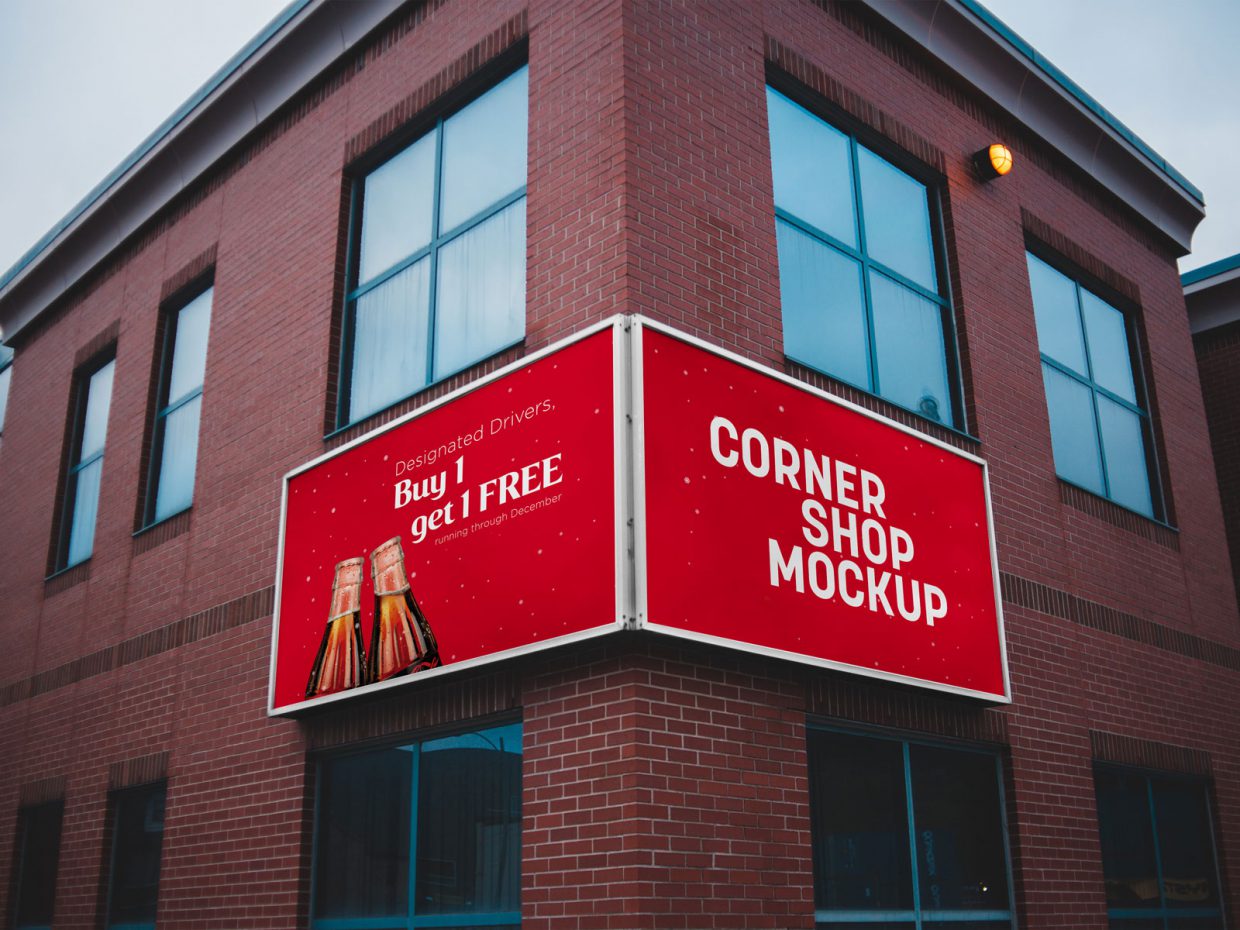 Free Corner Shop Facade Mockup PSD - Designbolts