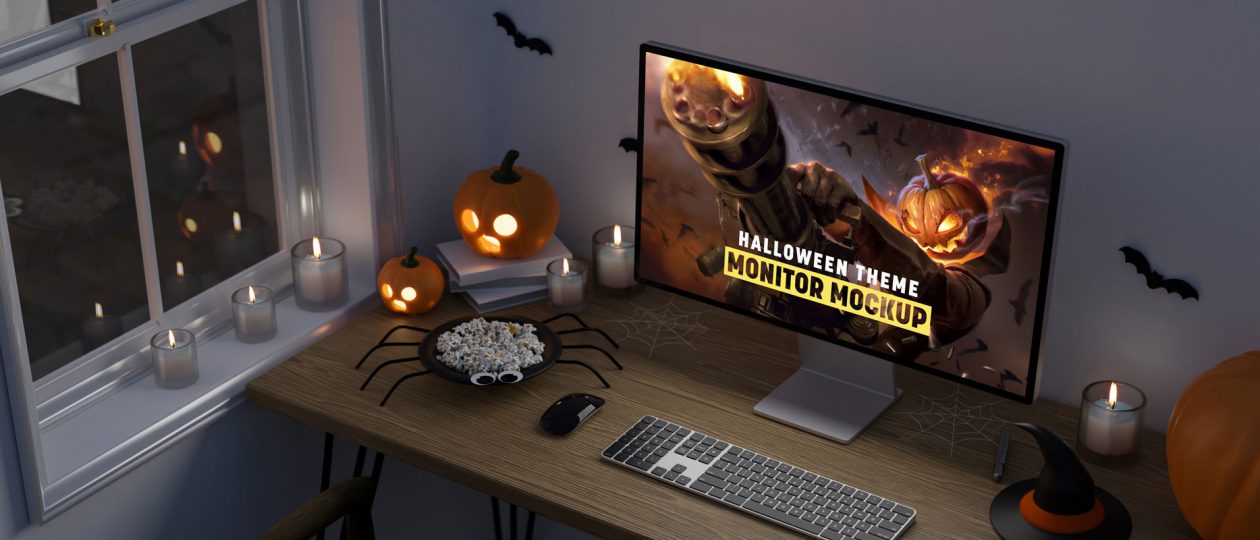 Free Halloween Theme Monitor Mockup PSD - Designbolts
