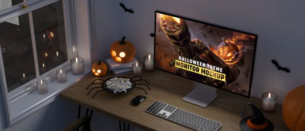 Free Halloween Theme Monitor Mockup PSD - Designbolts