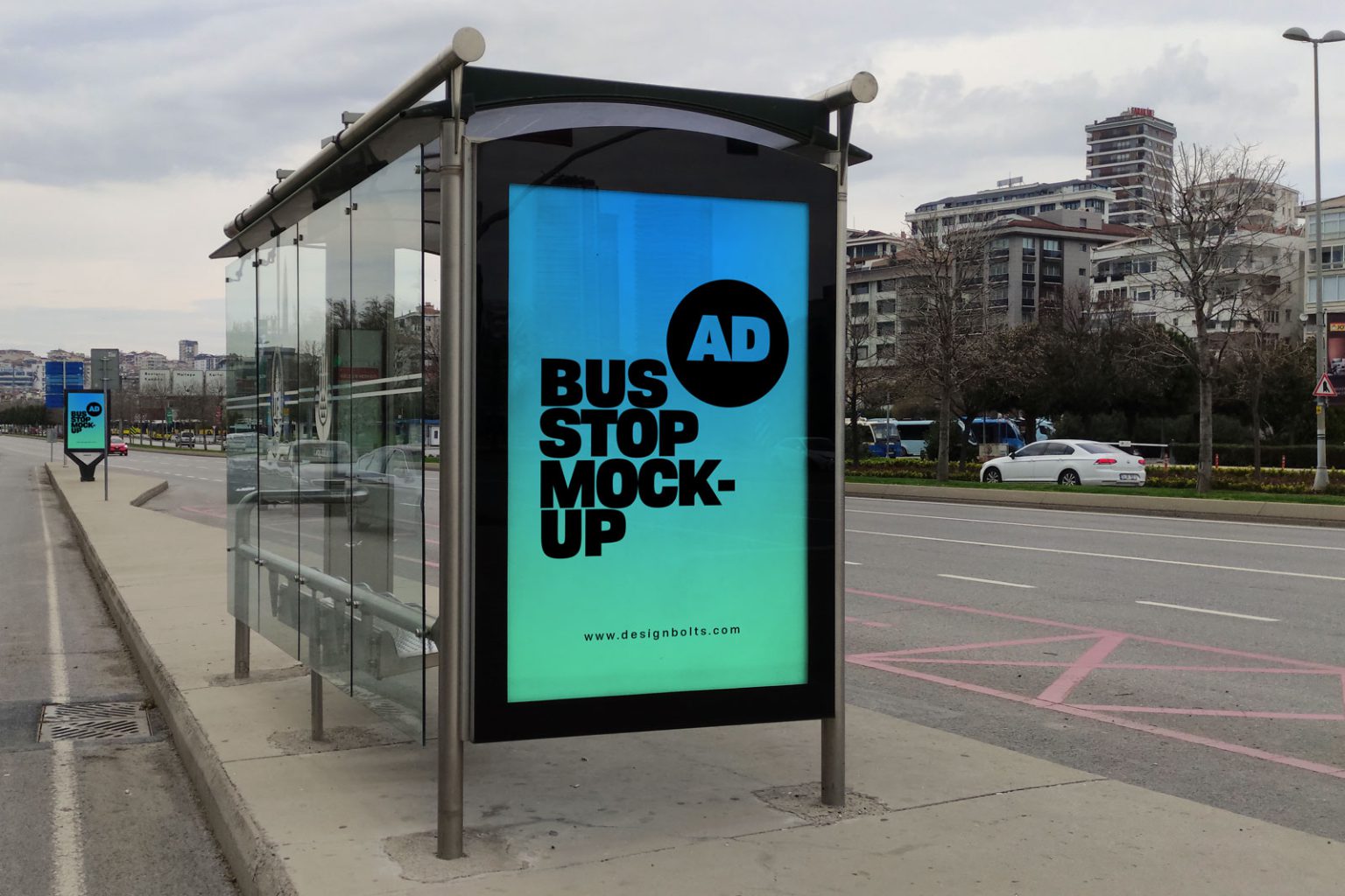 Free Bus Stop Poster Mockup PSD - Designbolts