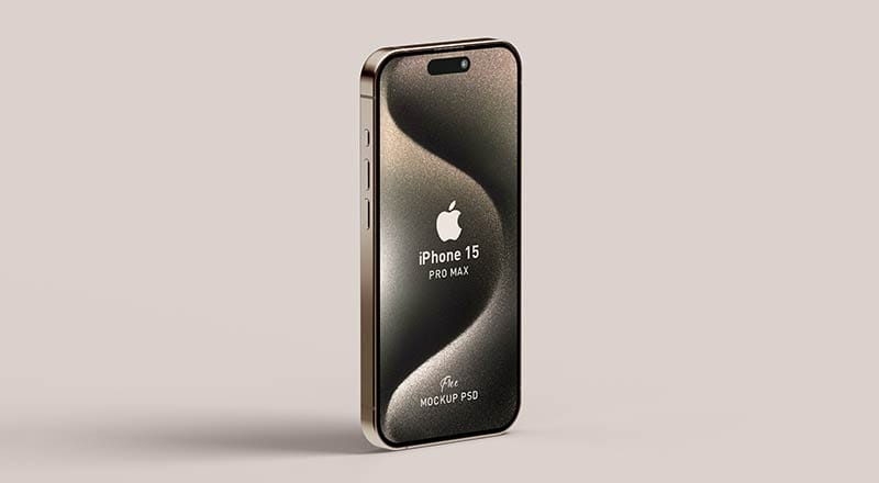 Free Standing Apple iPhone 15 Pro Max Mockup PSD - Designbolts