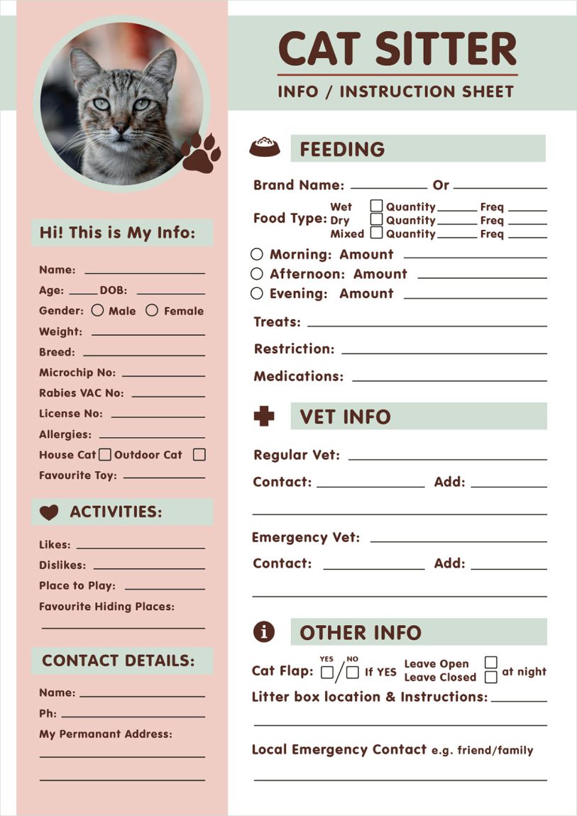 Free Cat Sitter Instruction / Information Sheet Design Template ...