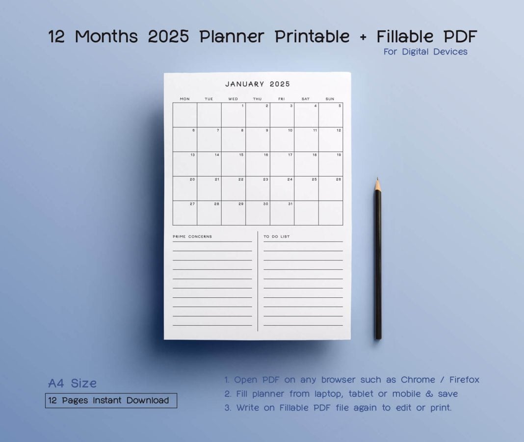 Free 12 Months Planner Calendar 2025 Printable, Editable Ai & Fillable PDF - Designbolts