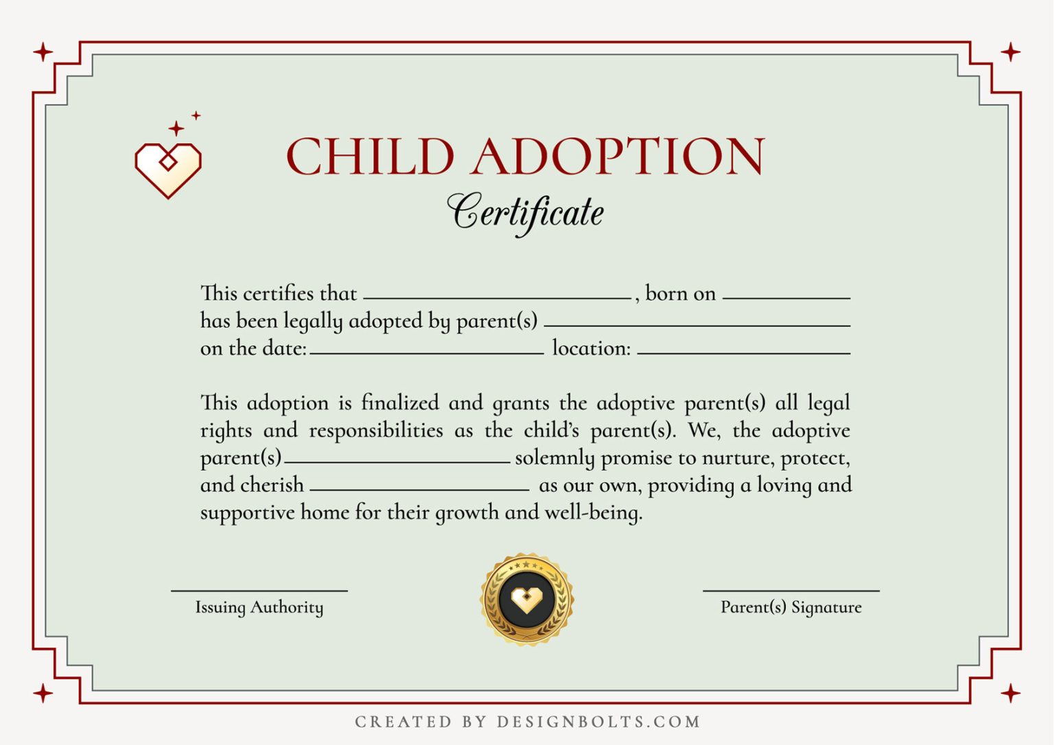Free Child Adoption Certificate Design Template PDF - Designbolts